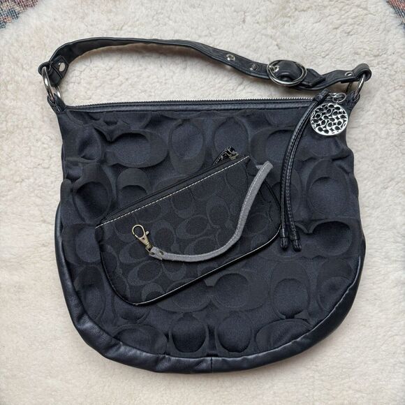 Coach | Bags | Coach Signature Ali Black Canvas Buckle Strap Logo Hobo ...
